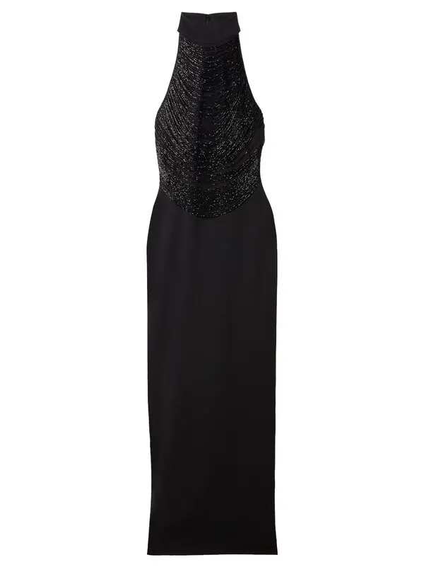 Solace London Portia Bead-embellished Stretch-crepe Halterneck Gown - Black