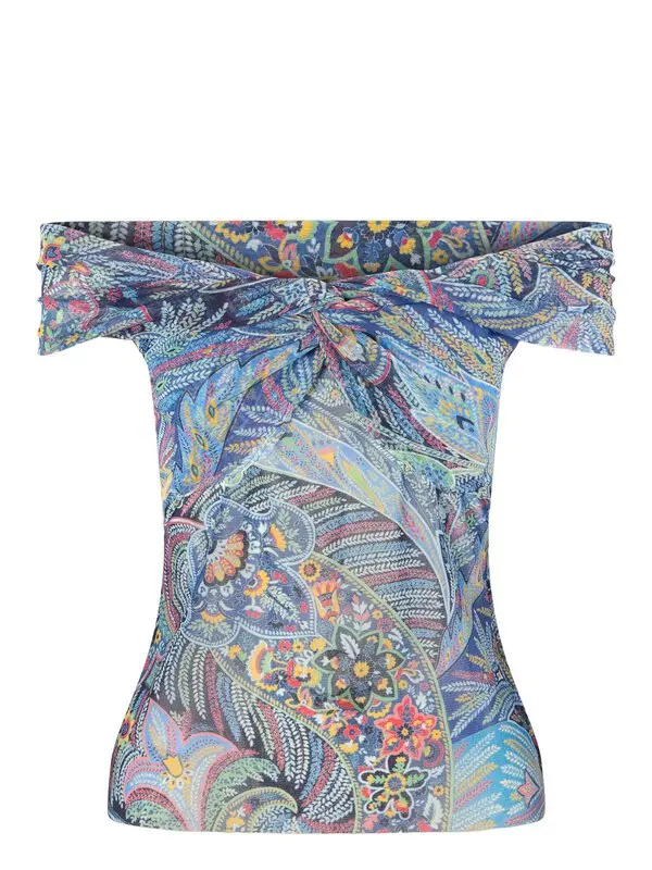 Etro Printed Off-the-shoulder Mesh Top - Blue