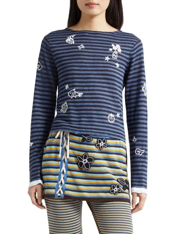 YANYAN Mabo Embroidered Stripe Linen Sweater - Denim/ink