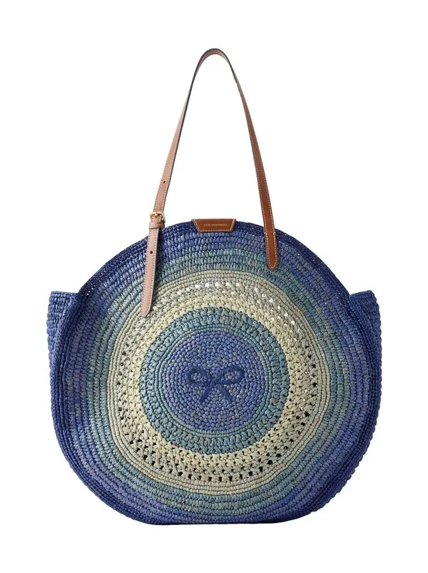 ANYA HINDMARCH Bow Leather-trimmed Embroidered Raffia Tote - Blue