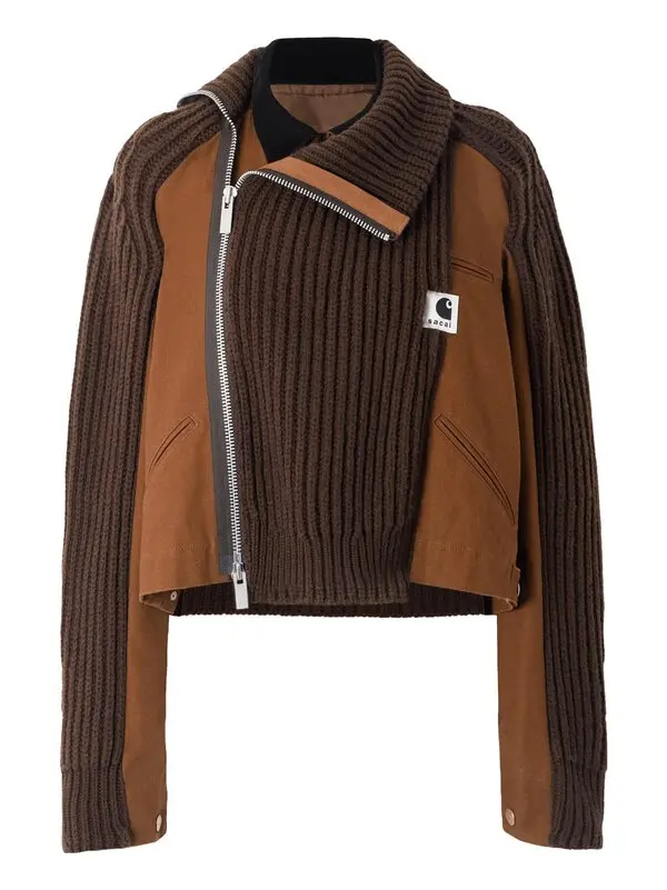 Sacai Carhartt Wip Asymmetric Ribbed Wool-blend And Cotton-canvas Cardigan - Brown