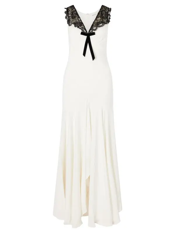 RODARTE Bow-embellished Lace-trimmed Silk-crepe Midi Dress - White