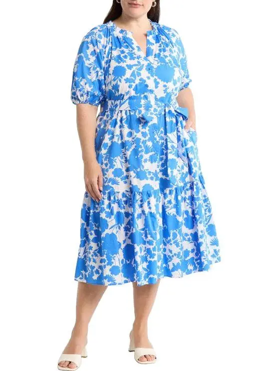 SUGARLIPS Marinelle Floral Wynette Cotton Tiered Midi Shirtdress - White-med Blue
