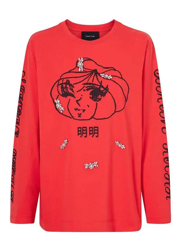 Simone Rocha Ming Ming Embellished Printed Cotton-jersey T-shirt - Red
