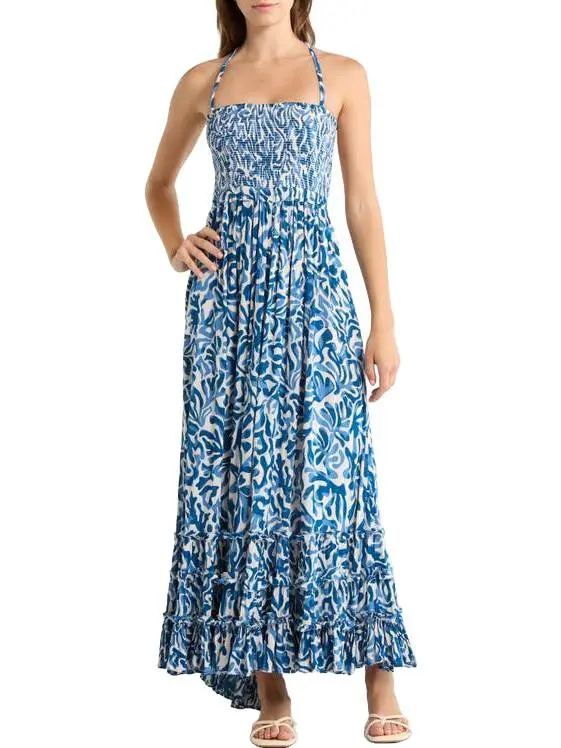 Elan Smocked Halter Maxi Dress - Blue Coralina
