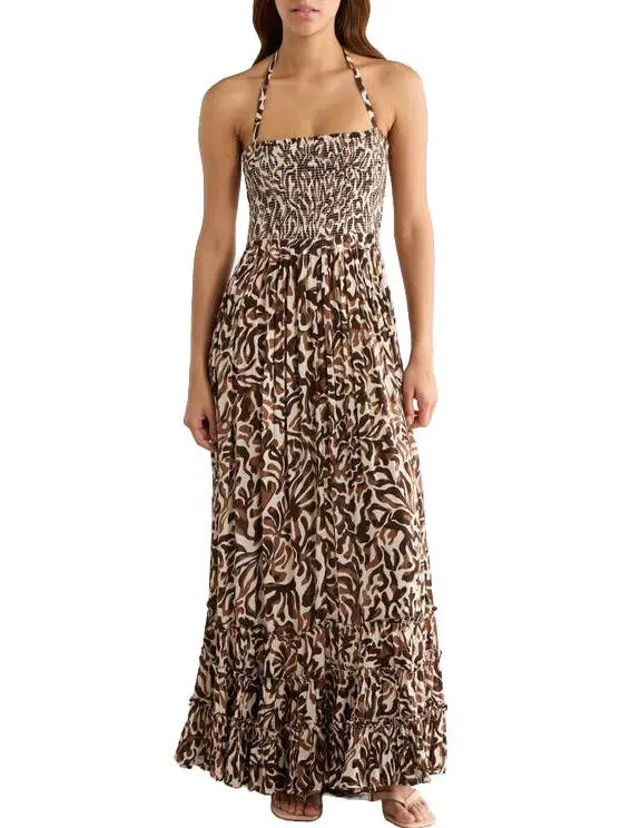 Elan Smocked Halter Maxi Dress - Brown Carolina