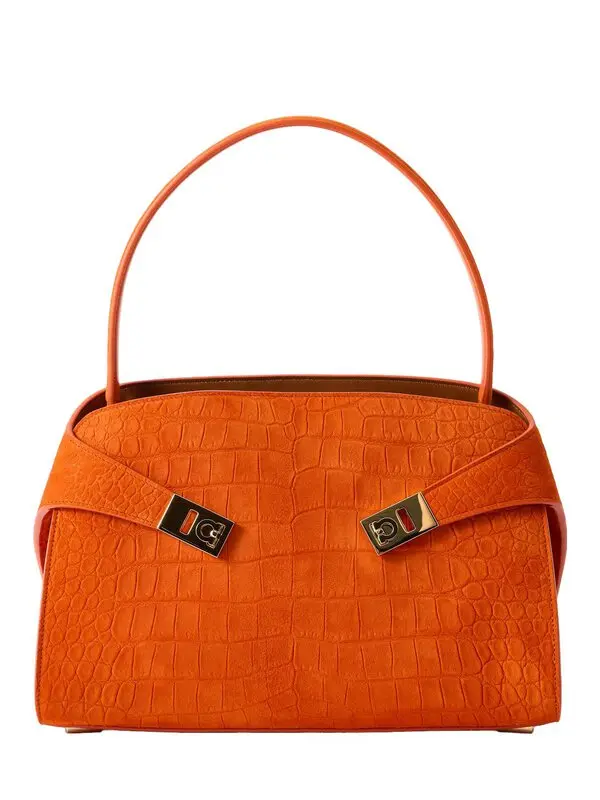 FERRAGAMO Hug Small Embellished Croc-effect Suede Tote - Orange