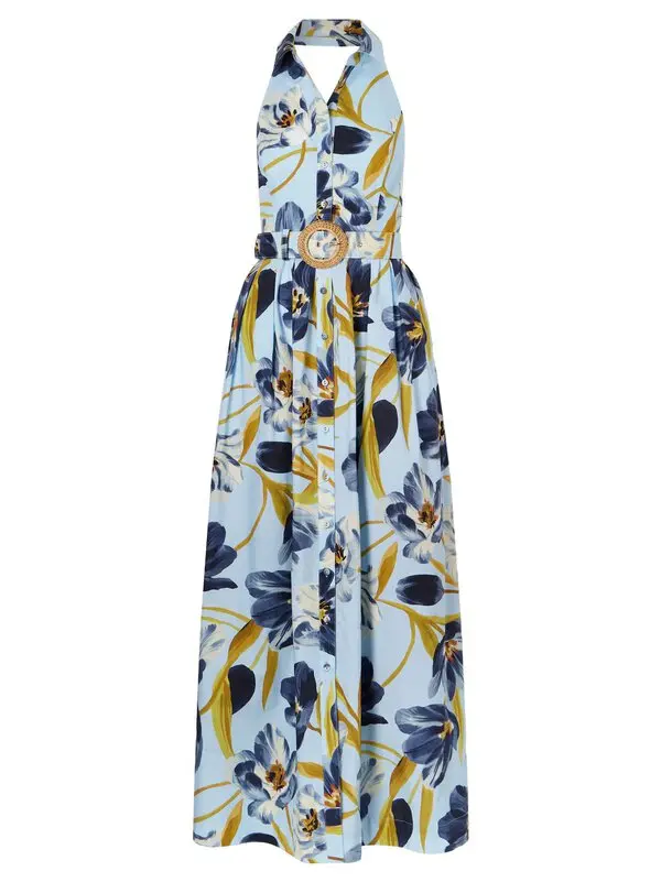 Cara Cara Quentin Belted Pleated Floral-print Cotton-poplin Halterneck Maxi Dress - Blue