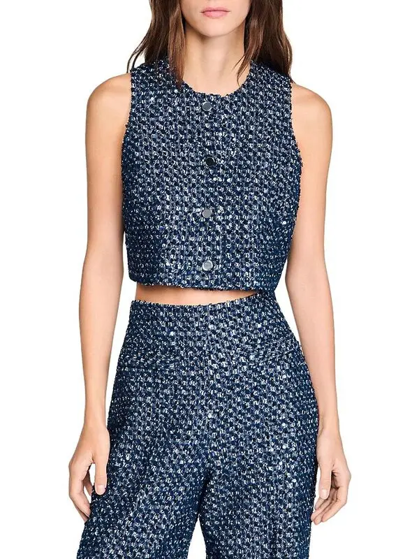 Sandro Sequin Crop Top - Navy Blue