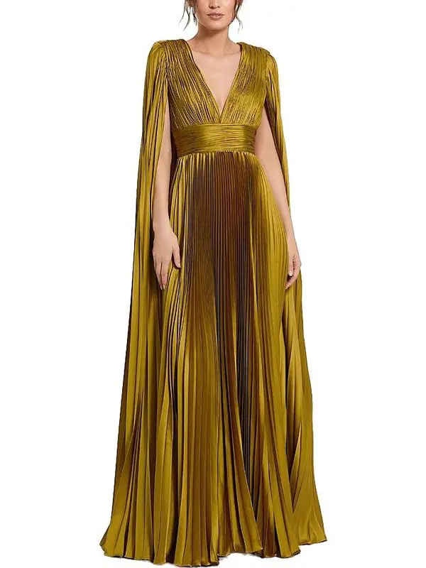 Mac Duggal Petite Pleated Charmeuse V-neck Gown With Cape - Chartreuse