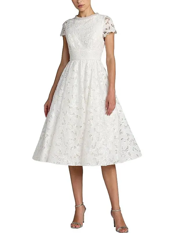Mac Duggal Petite Lace Embellished Cap Sleeves A-line Midi Dress - Ivory