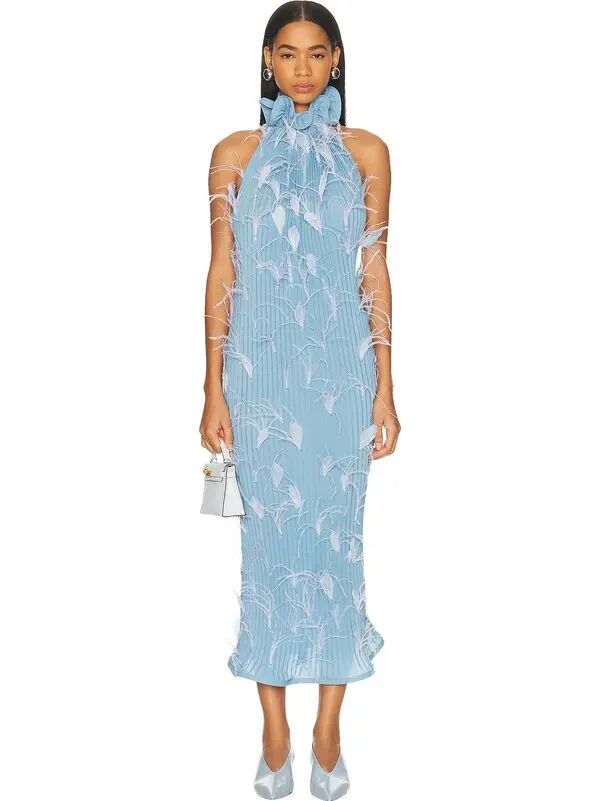ROWEN ROSE Feathered Halterneck Midi Dress - Blue