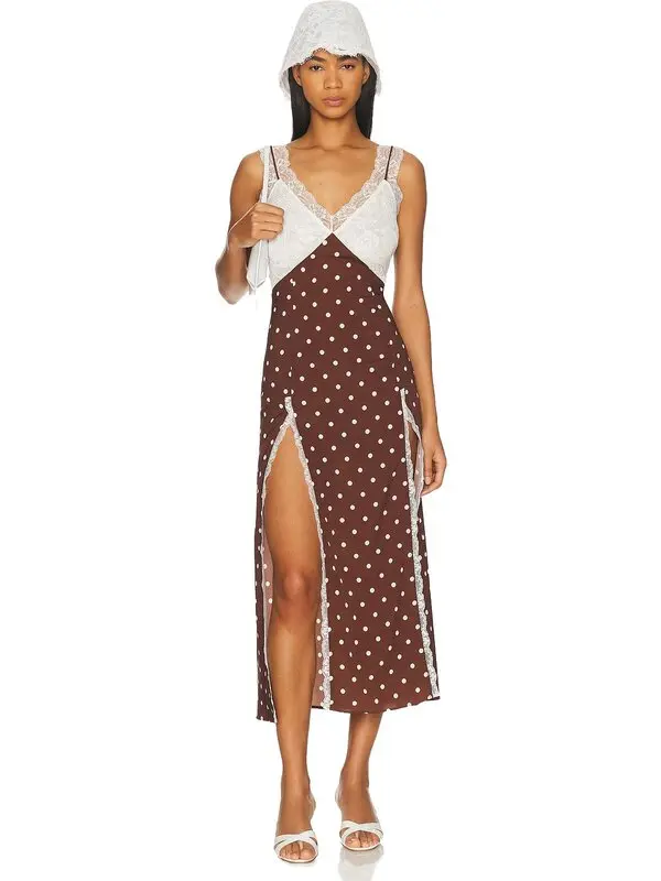 ROWEN ROSE Feathered Halterneck Midi Dress - Brown Polka Dots