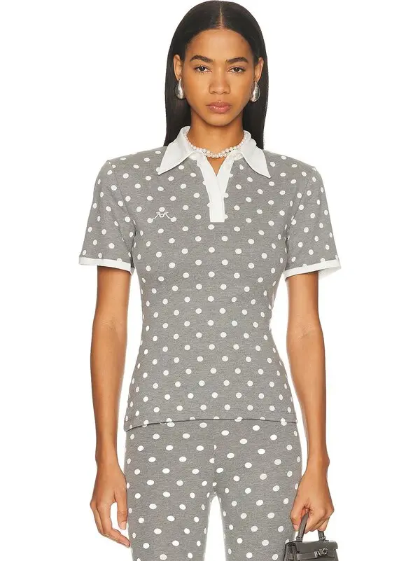 ROWEN ROSE Short Sleeve Polo Top - Grey Polka Dots