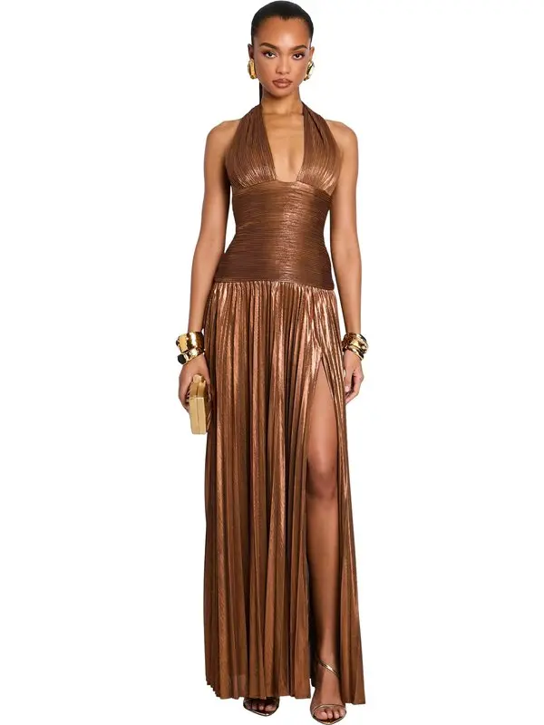 Retrofete Orlina Lamé Halterneck Dress - Sepia