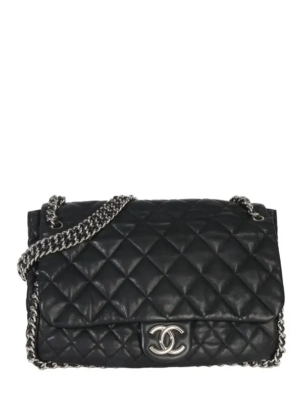 Chanel Quilted Washed Lambskin Chain Around Maxi Flap Bag - Black
