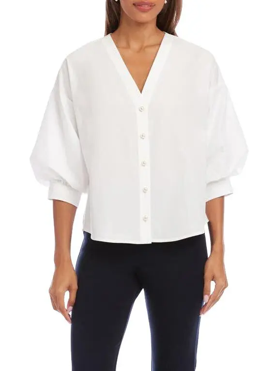 Karen Kane Lantern Sleeve Cotton Button-up Shirt - Off White