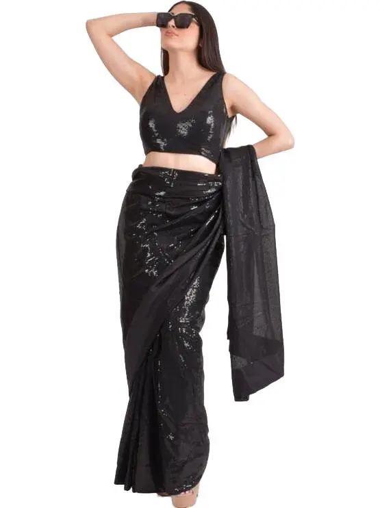 RAAS Sequin Pre-draped Saree With Blouse And Dupatta - Black