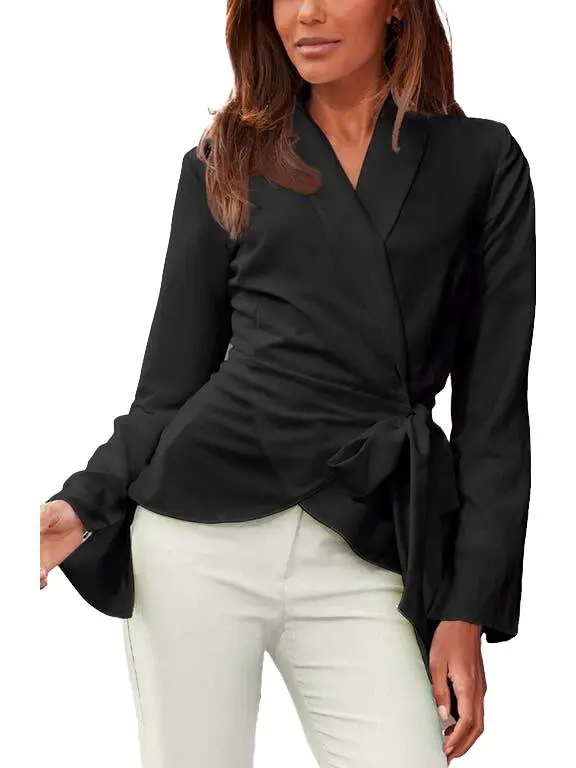 LASCANA Lapel Wrap Blouse With Long Sleeves And V-neck - Black