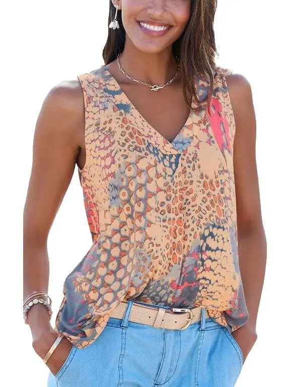 LASCANA Sleeveless V-neck Printed Tank Top - Orange Multi
