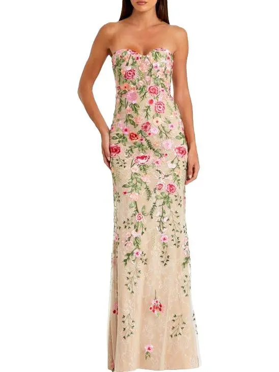 Mac Duggal Floral Embroidered Strapless Bustier Gown - Nude Multi