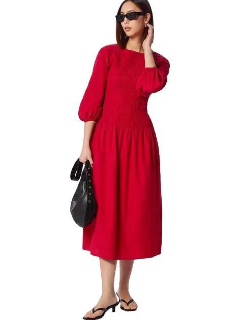 Whistles Smocked Bodice Midi Dress - Red