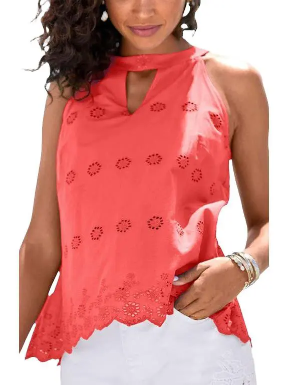 LASCANA Sleeveless Eyelet Lace Blouse - Coral