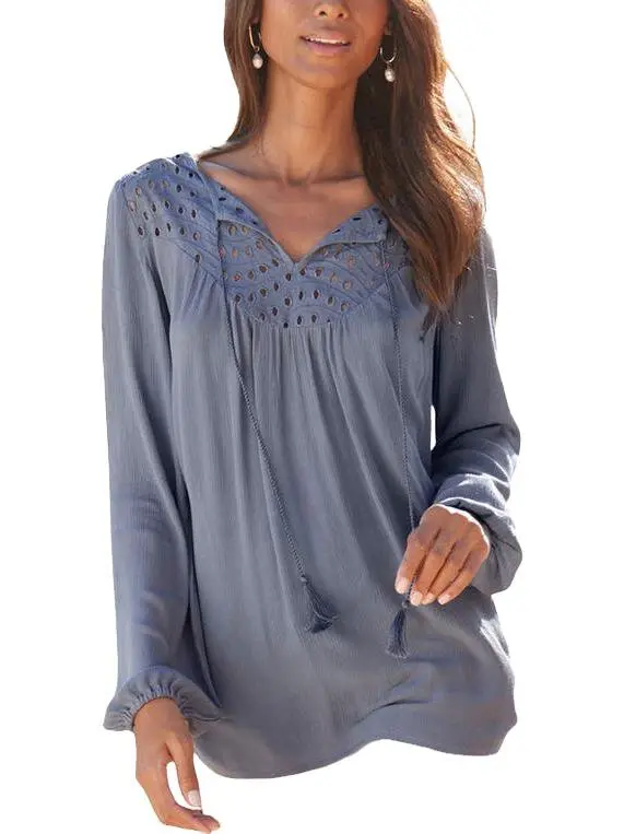 LASCANA Boho Eyelet Blouse - Smokey Blue