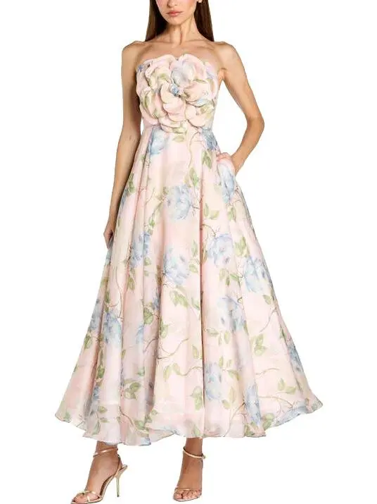 Mac Duggal Strapless Floral Organza Midi Dress With 3d Flower - Powder Blue Multi