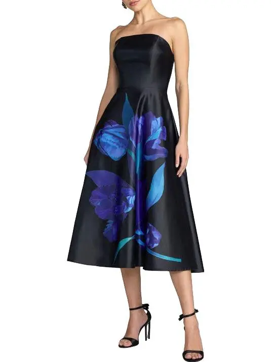 Mac Duggal Strapless Satin Midi Dress With Floral Print - Black Multi