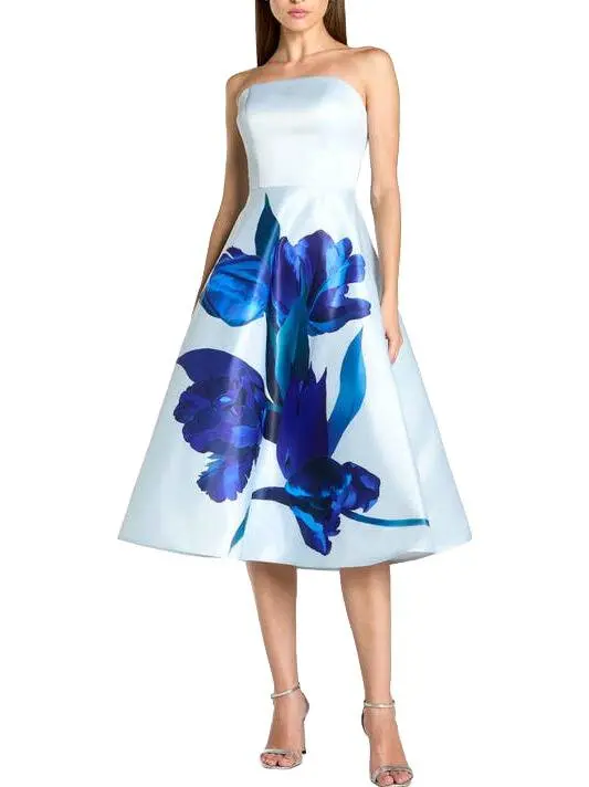 Mac Duggal Strapless Satin Midi Dress With Floral Print - Blue Multi