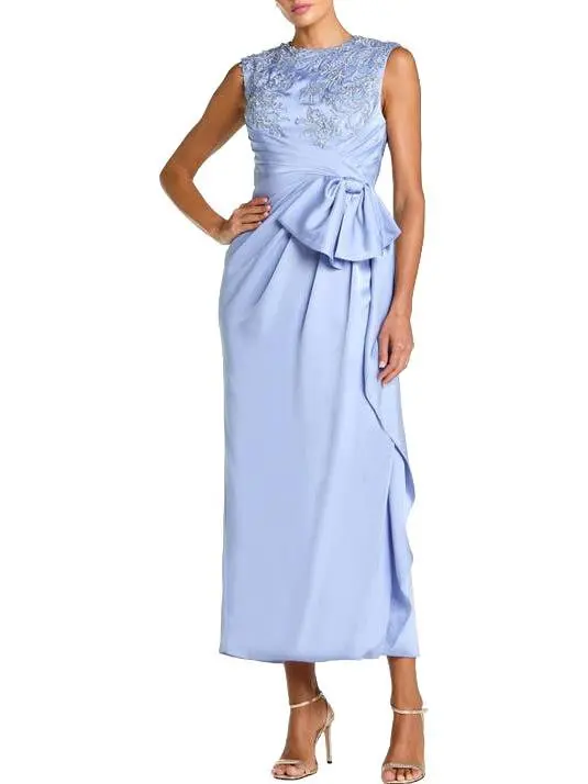 Mac Duggal Sleeveless Satin Ankle Dress With Beaded Neckline And Bow - Powder Blue