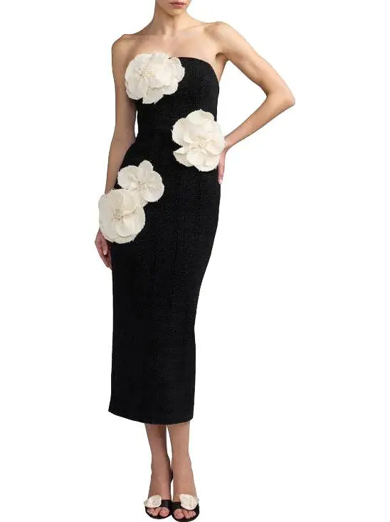 Mac Duggal Strapless Bouclé Midi Dress - Black Multi