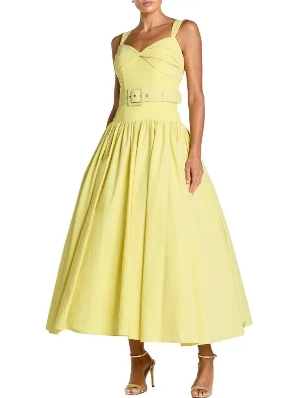 Mac Duggal Sleeveless Faille A-line Midi Dress With Belt - Buttercup