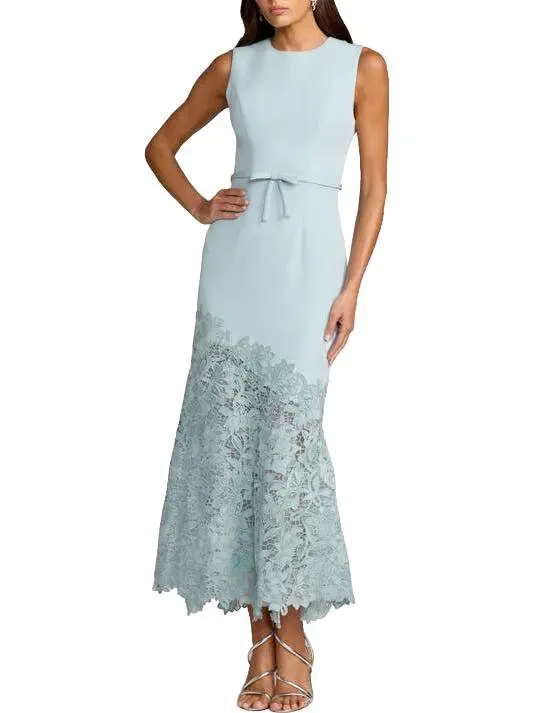 Mac Duggal Crepe Embroidered Hem Midi Dress - Powder Blue