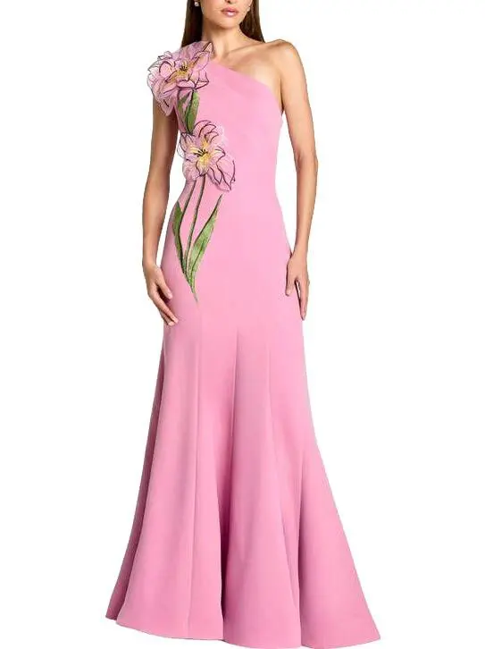 Mac Duggal One-shoulder Crepe Gown With Floral Appliqu - Orchid