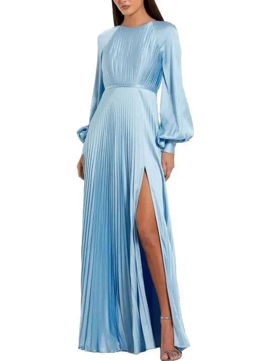 Mac Duggal Pleated High Neck Raglan Long Sleeve Gown - Ice Blue