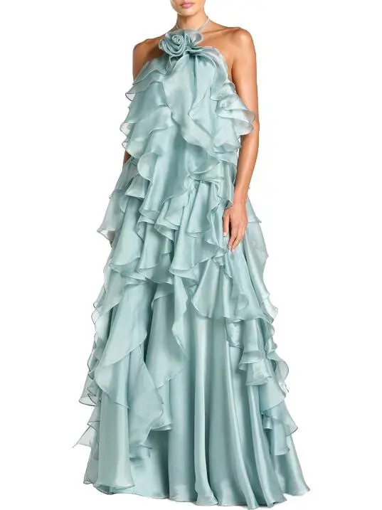 Mac Duggal Organza Halter Neck Open Back Ruffle Gown - Mint