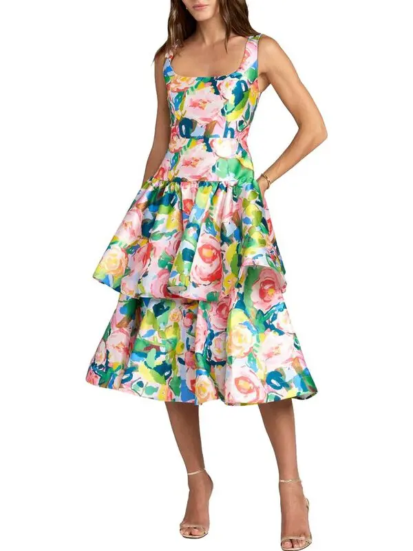 Mac Duggal Floral Mikado Sleeveless Ruffle Midi Dress - Blue Multi