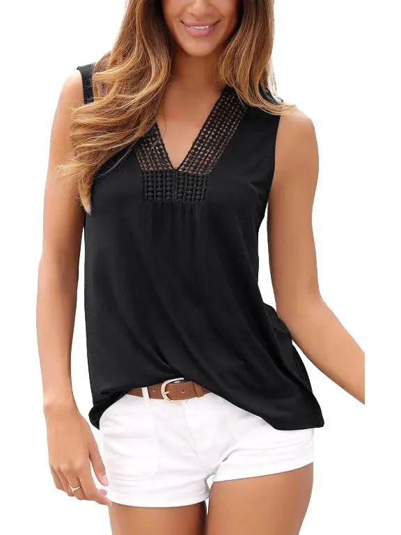 LASCANA V-neck Tank Top With Crochet Inserts - Black