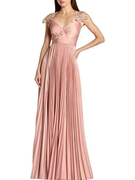 Mac Duggal Pleated Charmeuse Embellished Cap Sleeve Gown - Rose