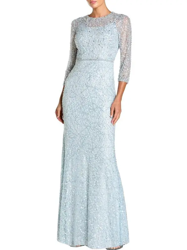 Mac Duggal Beaded Embroidery Elbow Sleeve Column Gown - Powder Blue