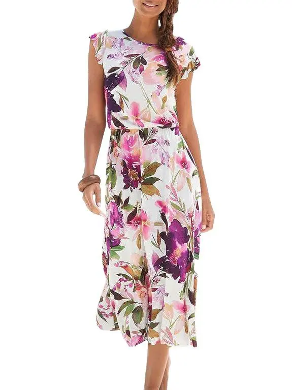 LASCANA Flutter Sleeve Maxi Dress - White Printed
