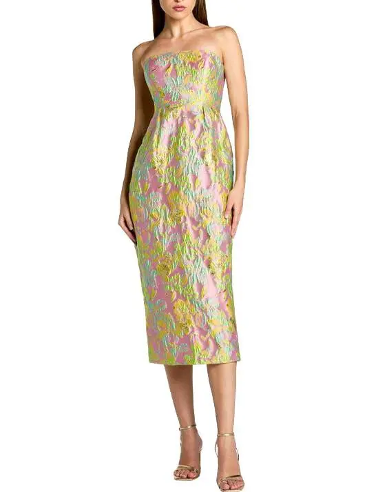 Mac Duggal Strapless Floral Brocade Midi Dress - Blush Multi