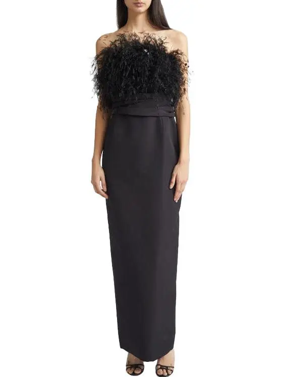 Oscar De La Renta Feather-embroidered Strapless Silk Faille Gown - Black