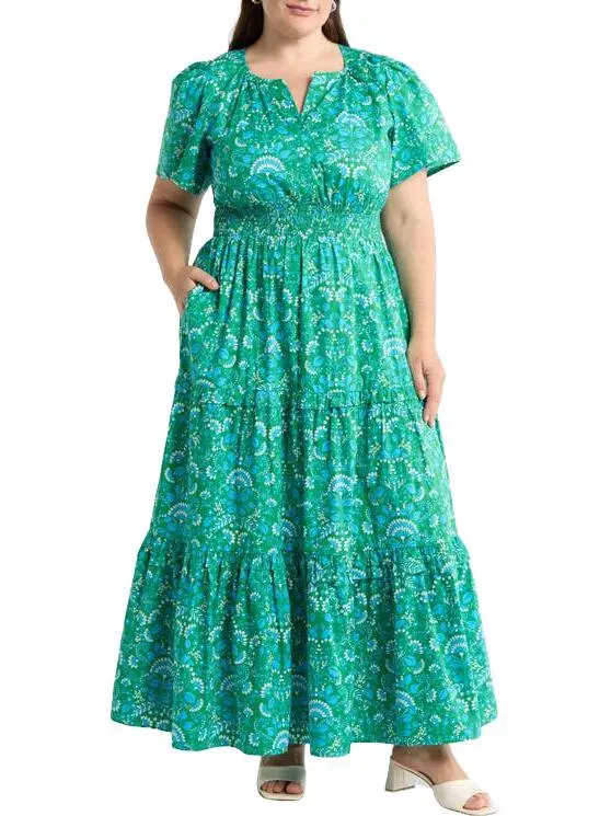 SUGARLIPS Alina Floral Palmer Tiered Cotton Maxi Dress - Kelly-cerulean