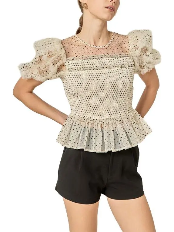 English Factory Dot Puff Sleeve Peplum Top - White/black