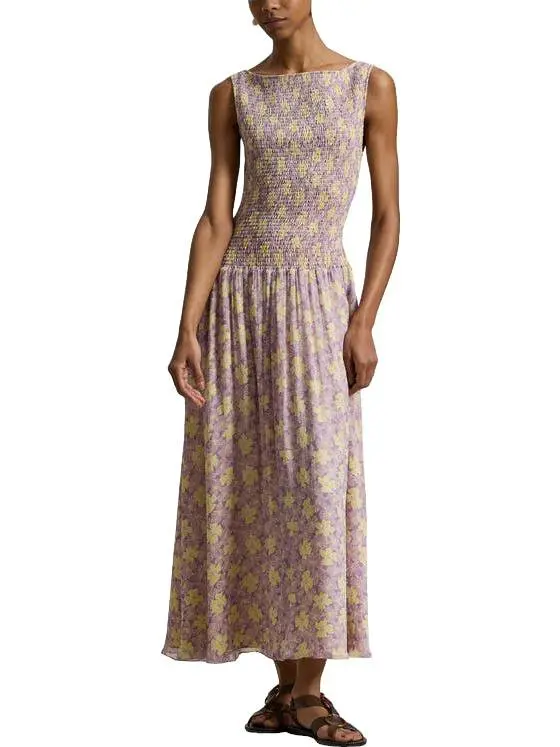 Polo Ralph Lauren Floral Print Smocked Maxi Dress - Soft Bloom Purple Yellow