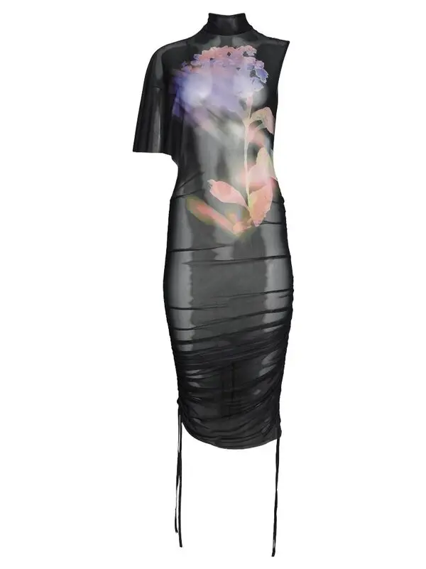 David Koma Asymmetric Sleeve Printed Mesh Mini Dress Black - Multicolor