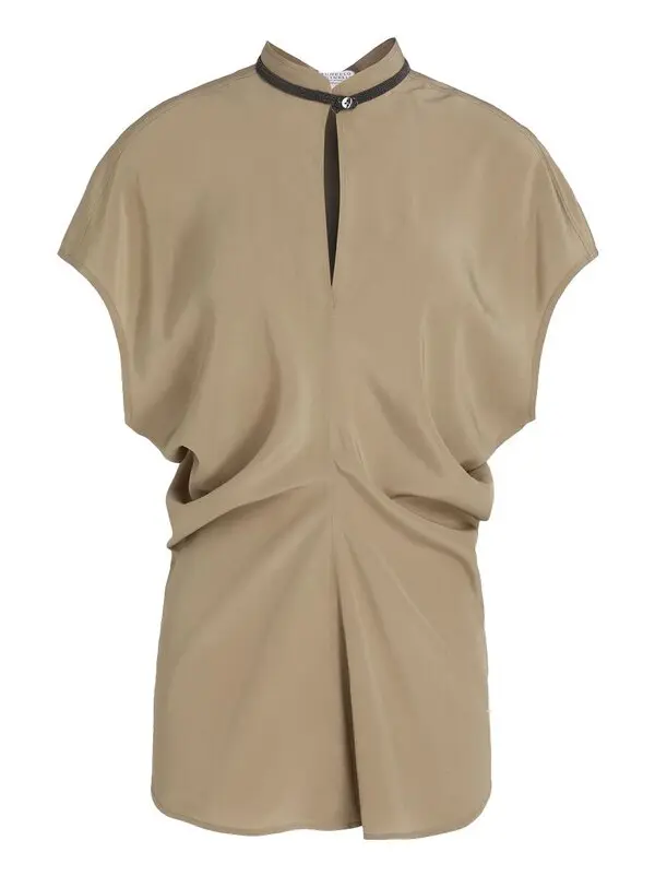Brunello Cucinelli Bead-embellished Draped Silk-crepe Top - Taupe